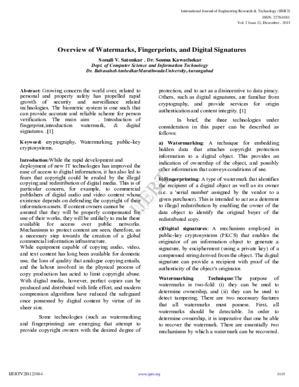 (PDF) Overview of Watermarks, Fingerprints, and Digital Signatures