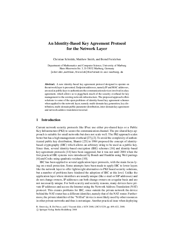 (PDF) An Identity-Based Key Agreement Protocol for the Network Layer