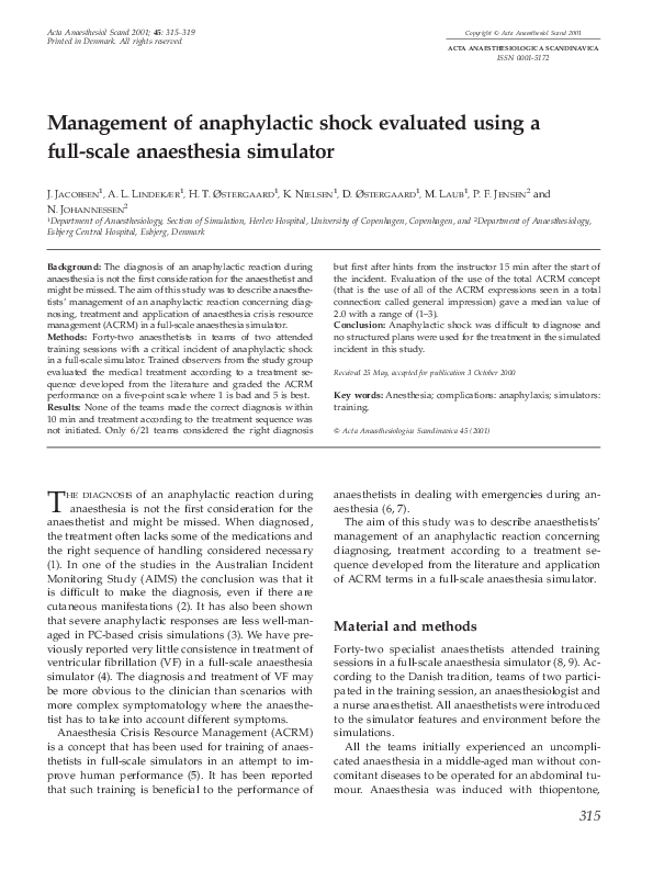 (PDF) Management of anaphylactic shock evaluated using a full‐scale ...