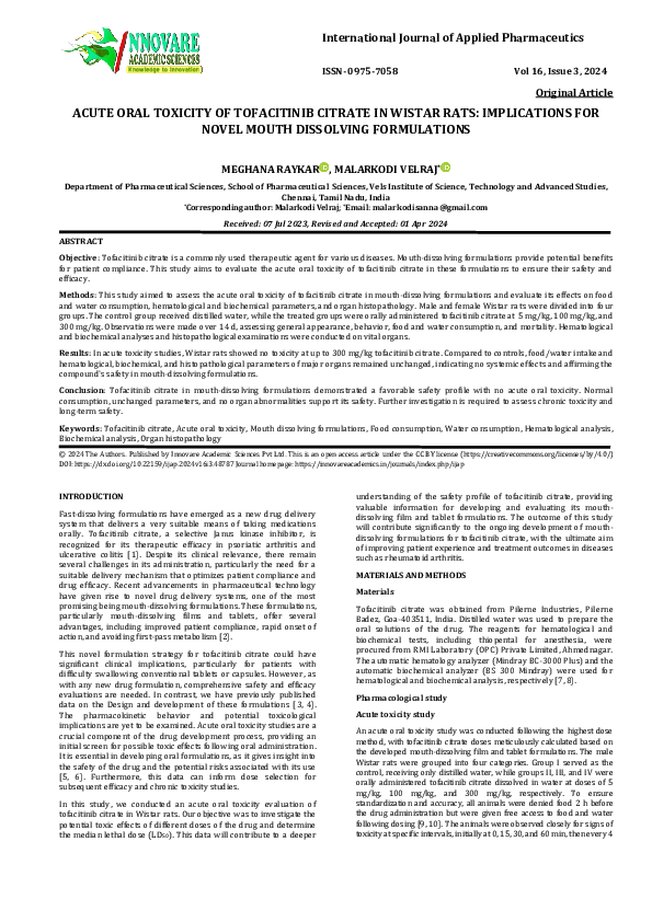 (PDF) ACUTE ORAL TOXICITY OF TOFACITINIB CITRATE IN WISTAR RATS: IMPLICATIONS FOR NOVEL MOUTH ...
