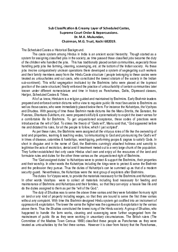 (PDF) Sub Classification & Creamy Layer of Scheduled Castes, Supreme ...