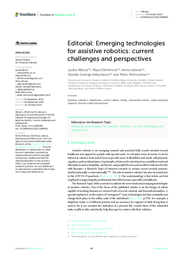 (PDF) Editorial: Emerging technologies for assistive robotics: current ...