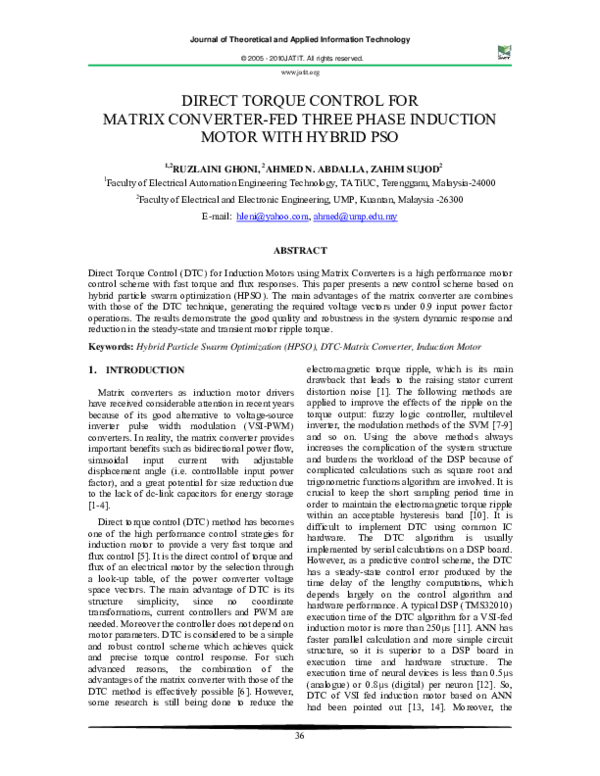 Pdf Direct Torque Control For Matrix Converter Fed Three Phase Induction Motor Using An