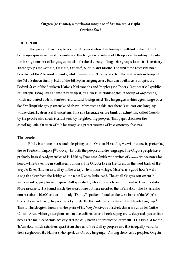 (PDF) Ongota (Birale), a moribund language of Southwest Ethiopia