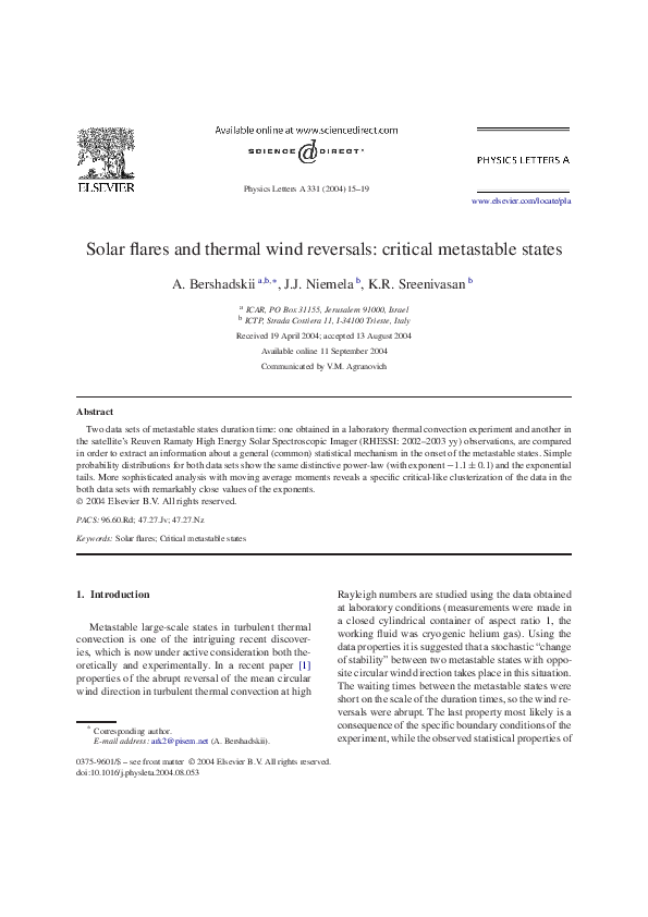 (PDF) Solar flares and thermal wind reversals: critical metastable states