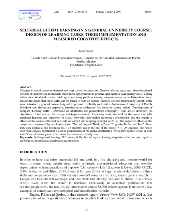 (PDF) Self-Regulated Learning in A General University Course: Design of Learning Tasks, Their ...