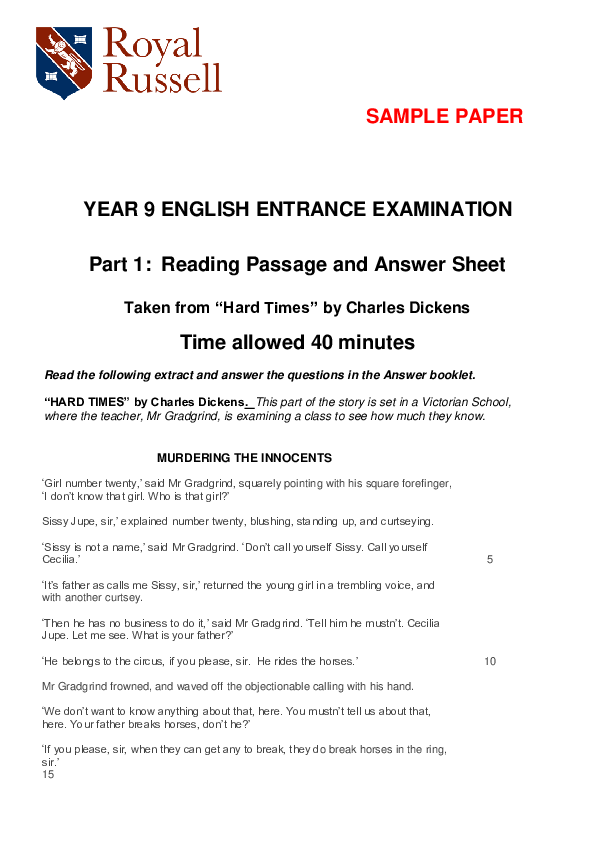 (PDF) YEAR 9 ENGLISH ENTRANCE EXAMINATION Part 1: Reading Passage and ...