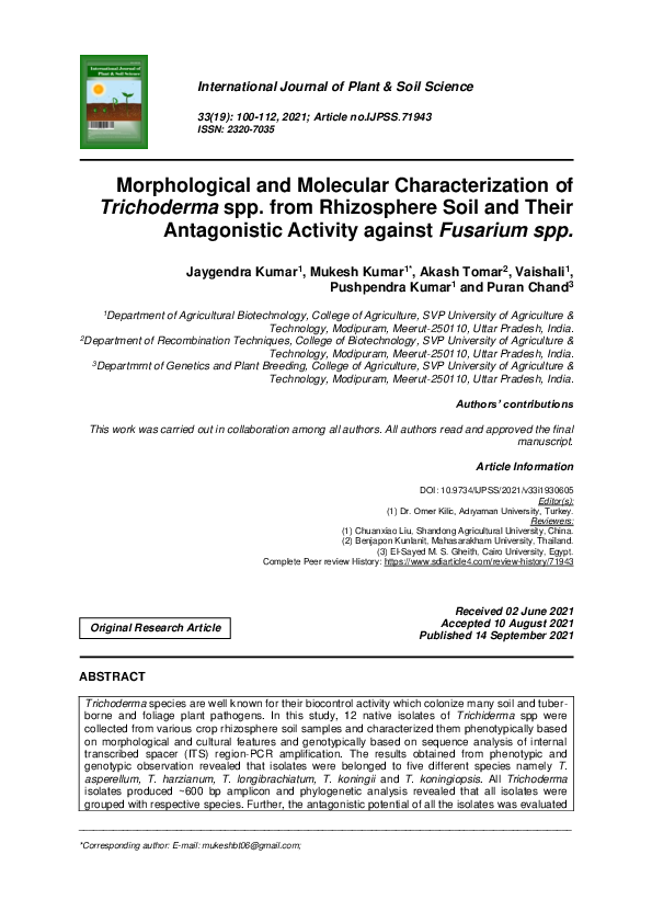 (PDF) Morphological and Molecular Characterization of Trichoderma spp. from Rhizosphere Soil and ...