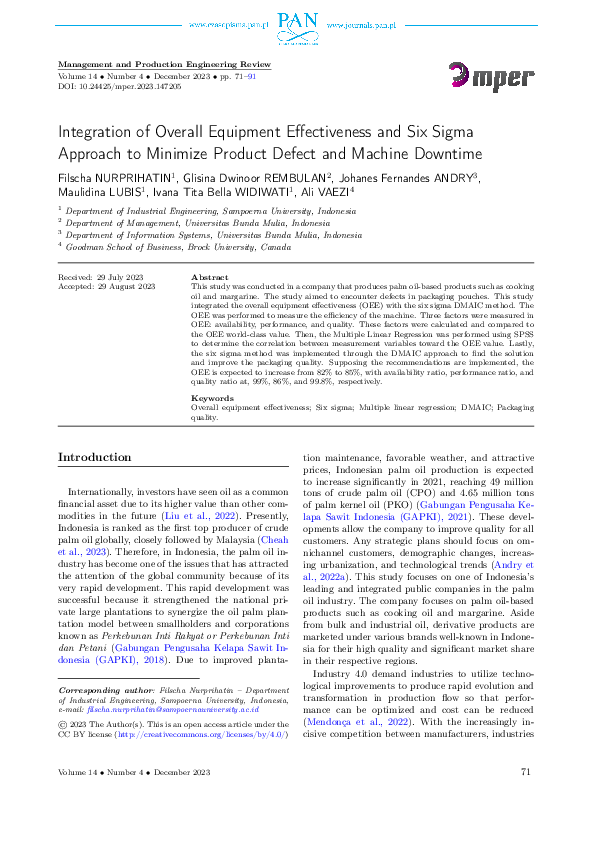 (PDF) Integration of Overall Equipment Effectiveness and Six Sigma Approach to Minimize Product ...