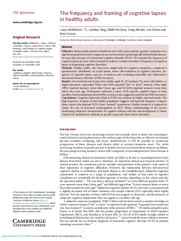(PDF) The frequency and framing of cognitive lapses in healthy adults