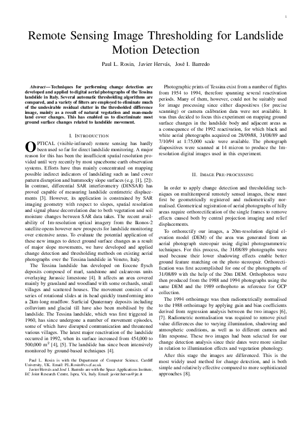 (PDF) Remote sensing image thresholding for landslide motion detection