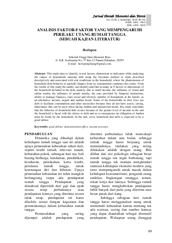 (PDF) ANALISIS FAKTOR-FAKTOR YANG MEMPENGARUHI PERILAKU UTANG RUMAH ...