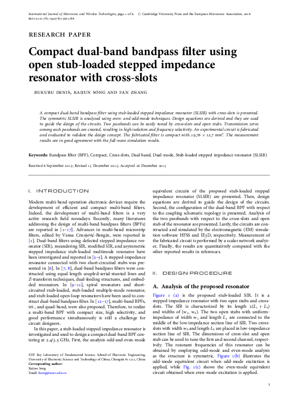 (PDF) Compact dual-band bandpass filter using open stub-loaded stepped impedance resonator with ...