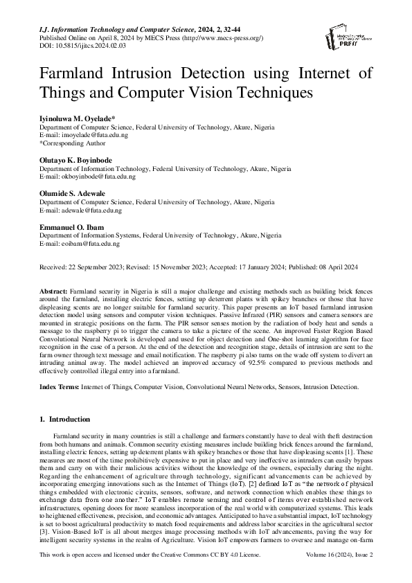 (PDF) Farmland Intrusion Detection using Internet of Things and Computer Vision Techniques