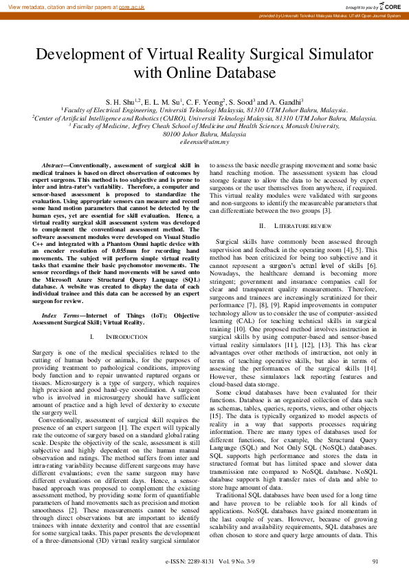 (PDF) Development of Virtual Reality Surgical Simulator with Online Database