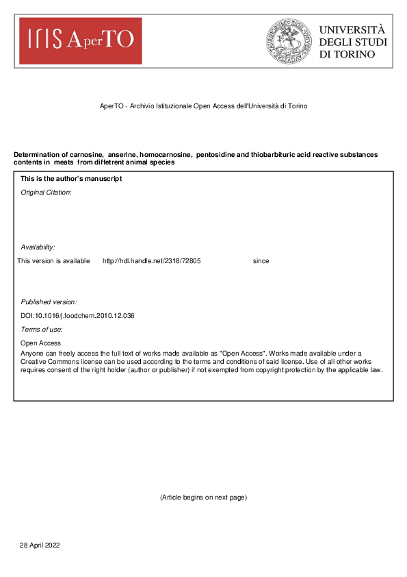 (PDF) Determination of carnosine, anserine, homocarnosine, pentosidine ...