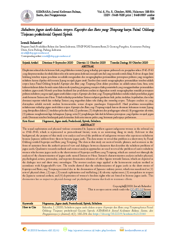 (PDF) Subaltern jugun ianfu dalam cerpen Kapotjes dan Batu yang Terapung karya Faisal Oddang ...