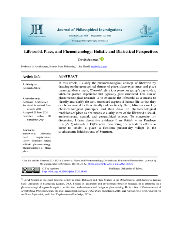 (PDF) Lifeworld, Place, and Phenomenology: Holistic and Dialectical ...