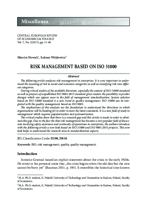 (PDF) Risk Management Based on ISO 31000