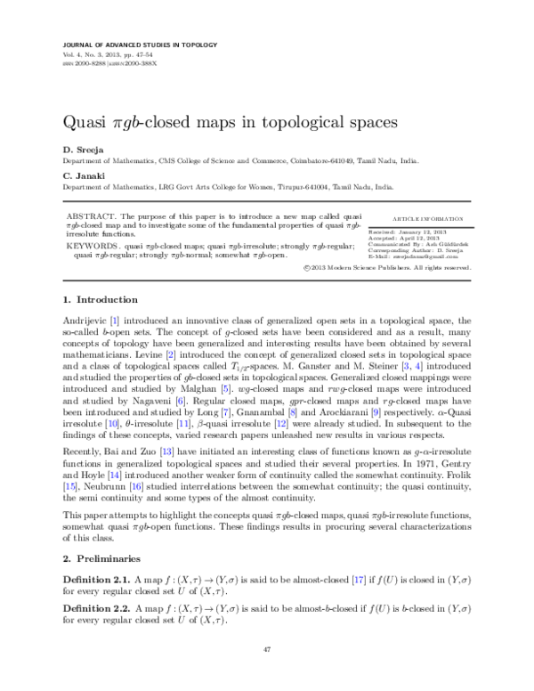 (PDF) Quasi \(\pi gb\)-closed maps in topological spaces