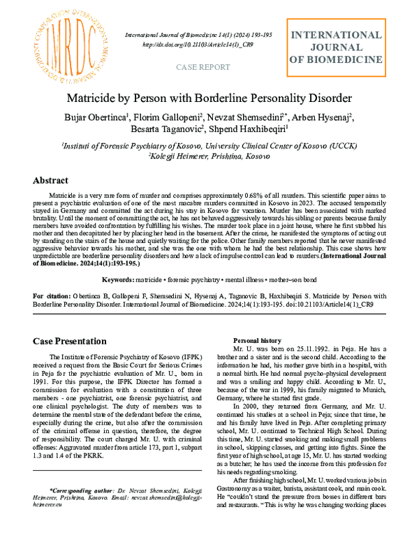 (PDF) Matricide by Person with Borderline Personality Disorder | Bujar ...