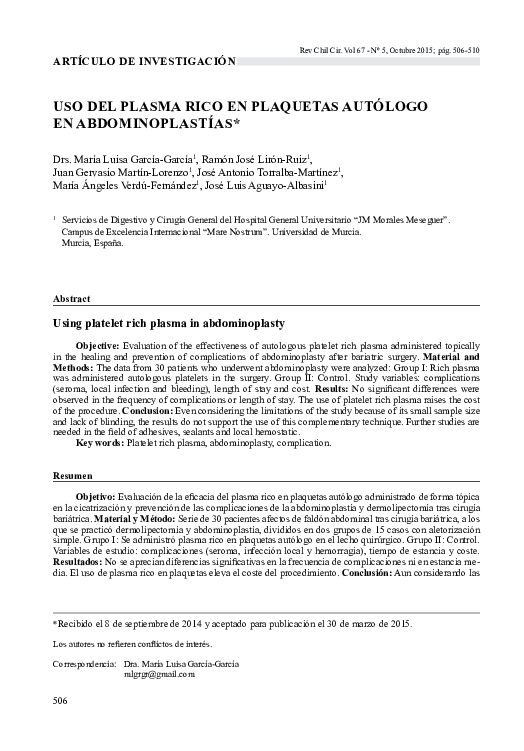 (PDF) Uso Del Plasma Rico en Plaquetas Autólogo en Abdominoplastías ...
