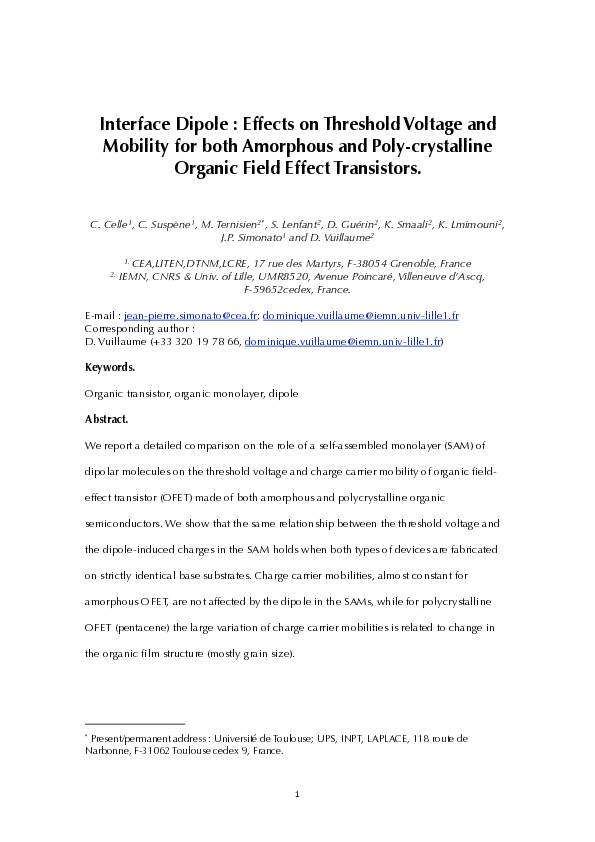 (PDF) Interface dipole: Effects on threshold voltage and mobility for ...