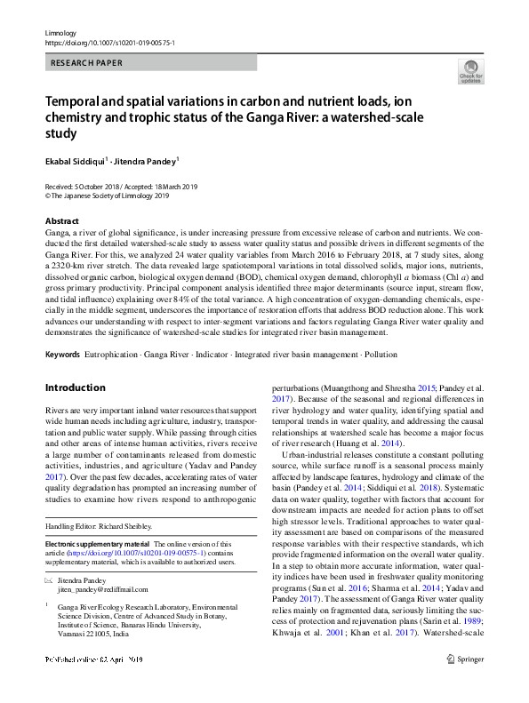 (PDF) Temporal and spatial variations in carbon and nutrient loads, ion chemistry and trophic ...