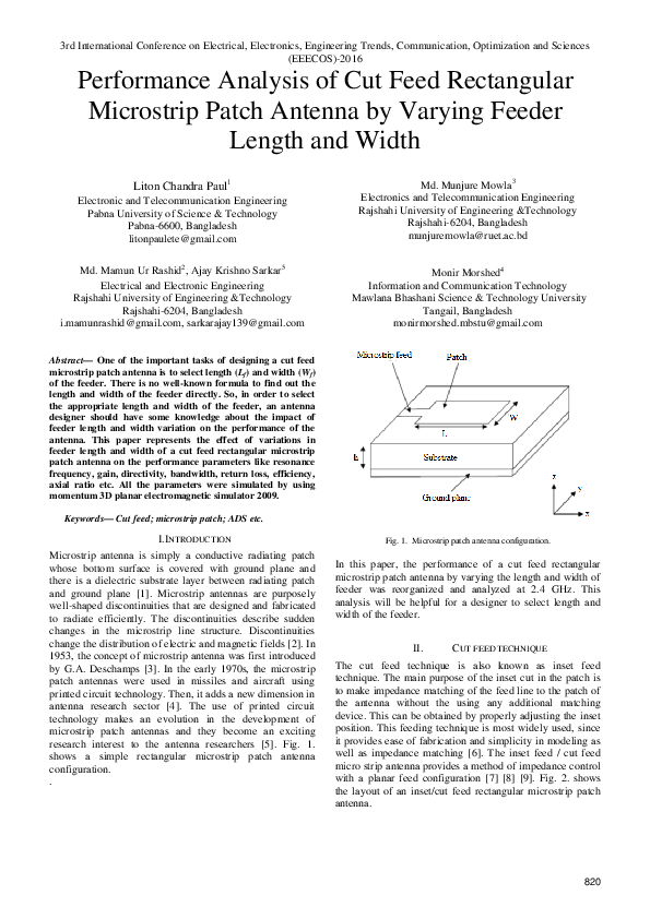 Pdf Performance Analysis Of Cut Feed Rectangular Microstrip Patch