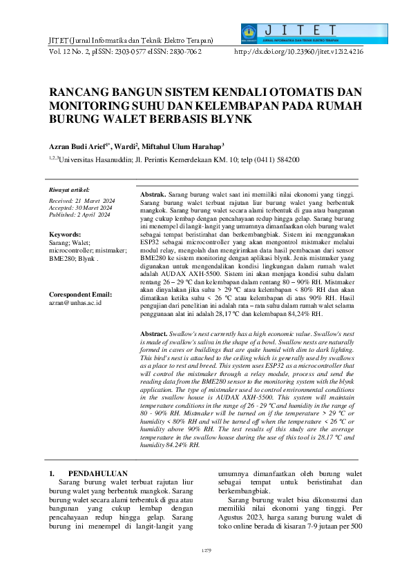 Pdf Rancang Bangun Sistem Kendali Otomatis Dan Monitoring Suhu Dan Kelembapan Pada Rumah