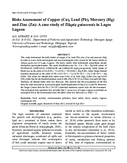 (PDF) Risks Assessment of Copper (Cu), Lead (Pb), Mercury (Hg) and Zinc (Zn): A case study of ...