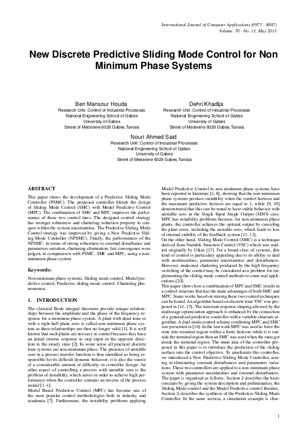 (PDF) New Discrete Predictive Sliding Mode Control for Non Minimum ...