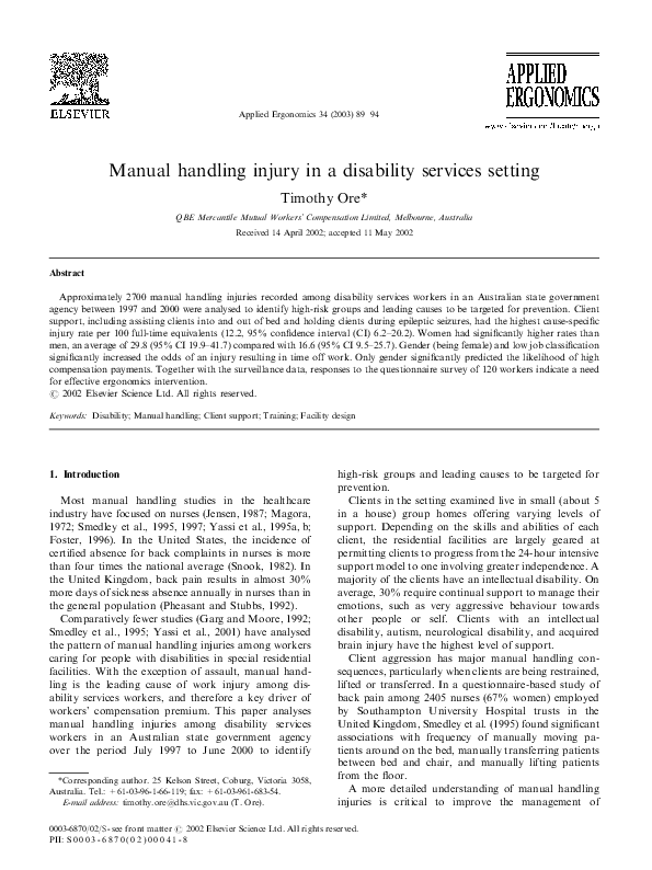 (PDF) Manual handling injury in a disability services setting