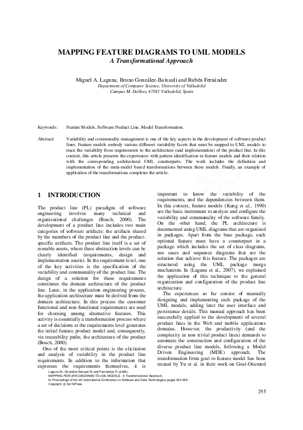 (PDF) MAPPING FEATURE DIAGRAMS TO UML MODELS - A Transformational Approach
