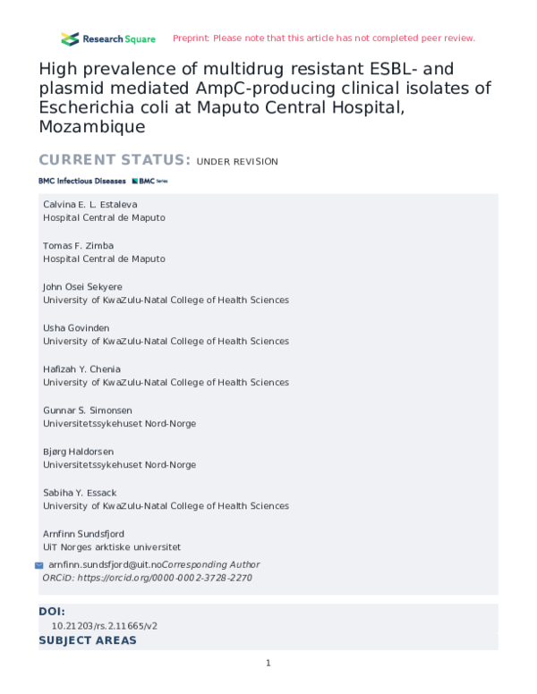 (PDF) High prevalence of multidrug resistant ESBL- and plasmid mediated ...
