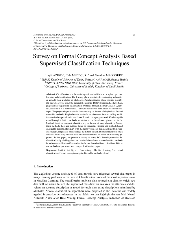 (PDF) Survey on Formal Concept Analysis Based Supervised Classification Techniques | hayfa azibi ...