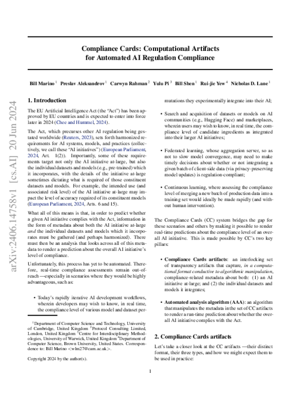 (PDF) Compliance Cards: Computational Artifacts for Automated AI Regulation Compliance | Carwyn ...