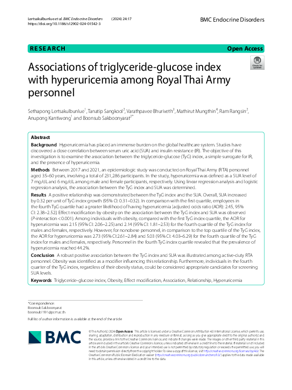 (PDF) Associations of triglyceride-glucose index with hyperuricemia among Royal Thai Army personnel
