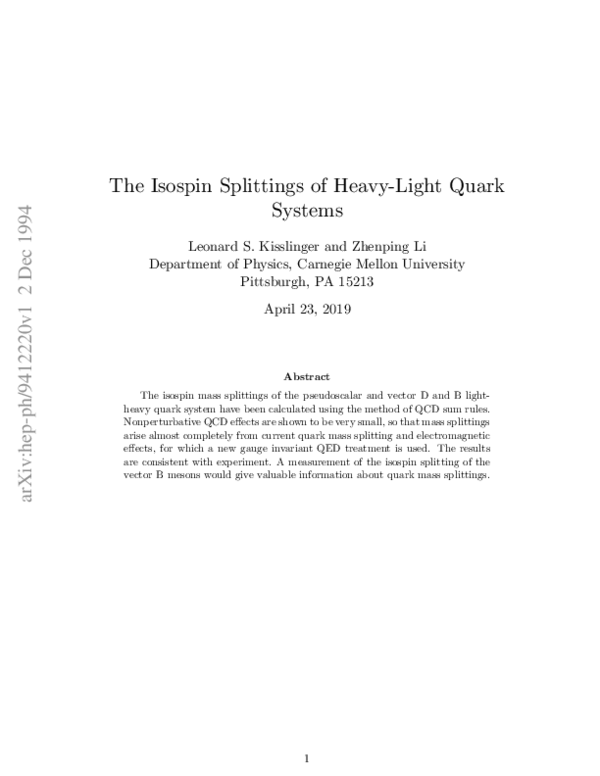 (PDF) Isospin Mass Splittings in Heavy-Light Quark Systems