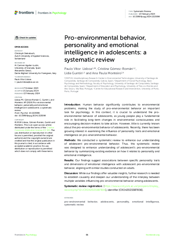 (PDF) Pro-environmental behavior, personality and emotional ...