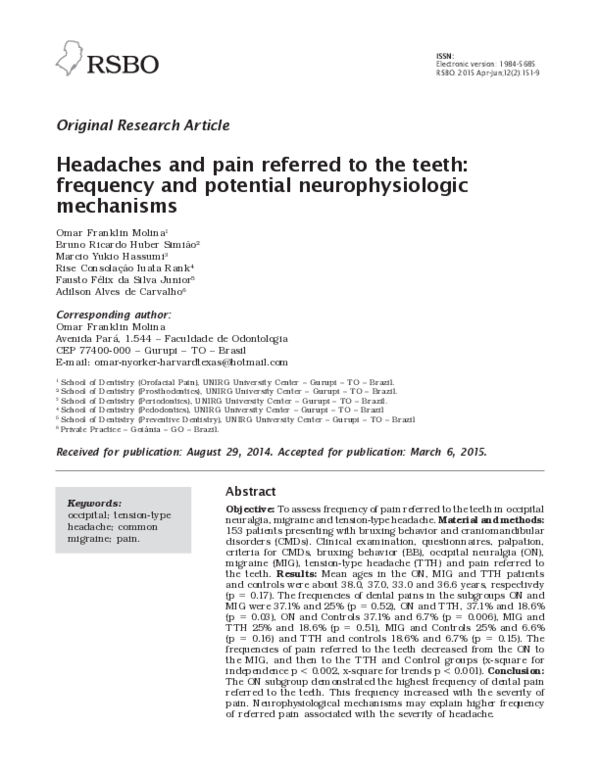 (PDF) Headaches and pain referred to the teeth: frequency and potential ...