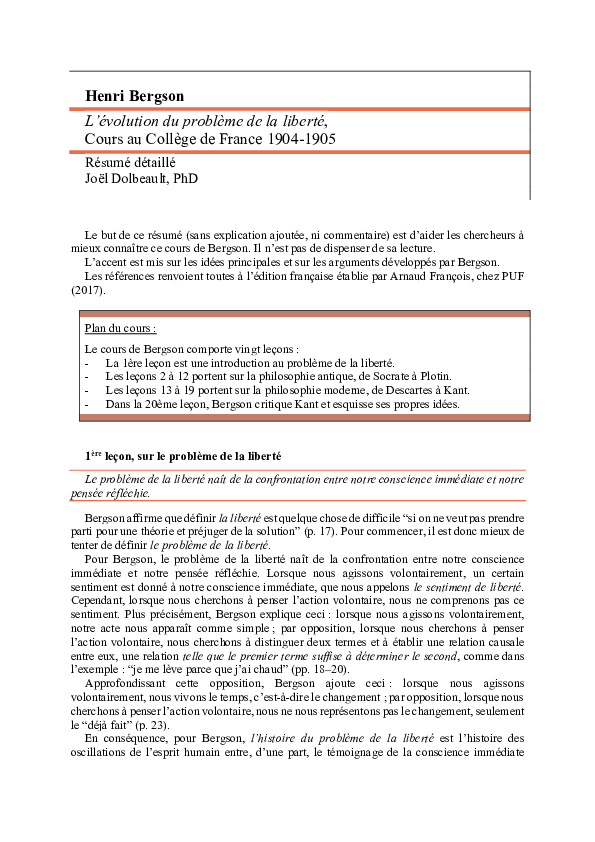 (PDF) Bergson, L'évolution du problème de la liberté, Cours 1904-1905 ...