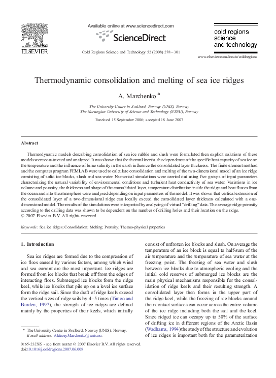 (PDF) Thermodynamic consolidation and melting of sea ice ridges
