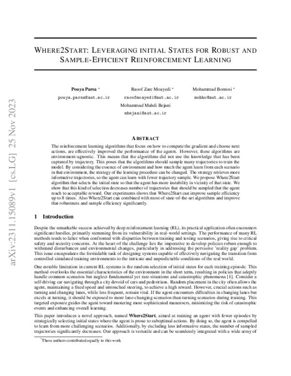Pdf Where2start Leveraging Initial States For Robust And Sample Efficient Reinforcement Learning