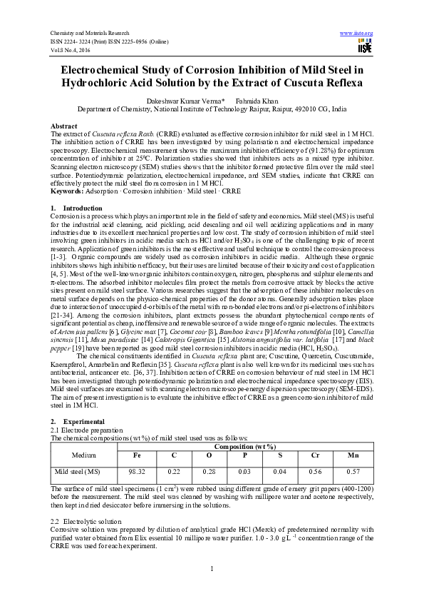(PDF) Electrochemical Study of Corrosion Inhibition of Mild Steel in ...