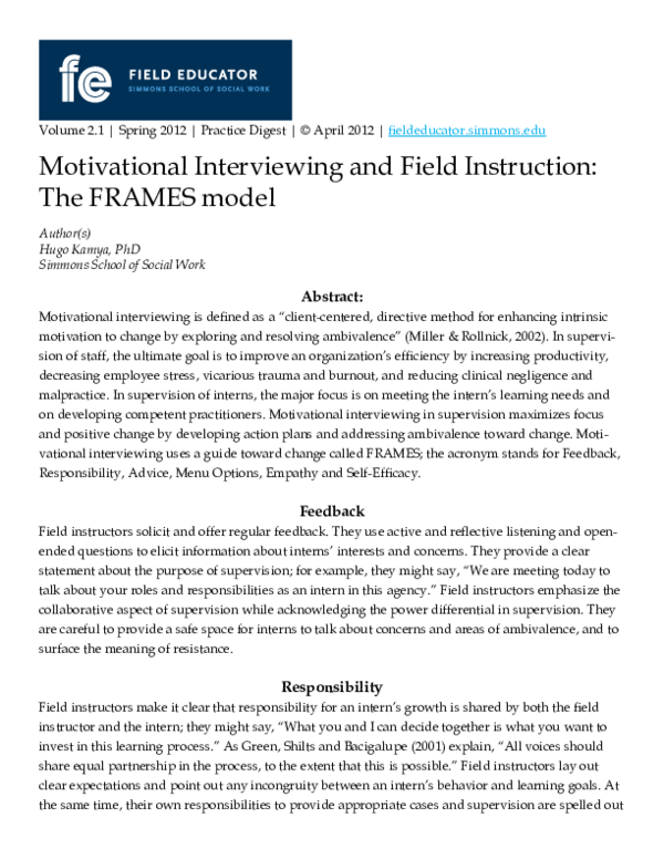 (PDF) Motivational Interviewing and Field Instruction: The FRAMES model