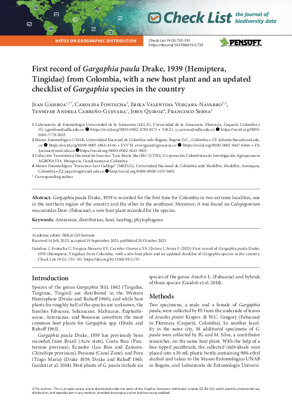 (PDF) First record of Gargaphia paula Drake, 1939 (Hemiptera, Tingidae ...