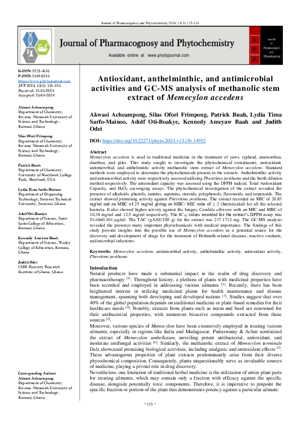 (PDF) Antioxidant, anthelminthic, and antimicrobial activities and GC-MS analysis of methanolic ...