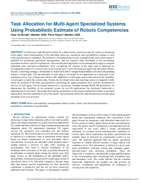 (PDF) Task Allocation for Multi-Agent Specialized Systems Using Probabilistic Estimate of Robots ...