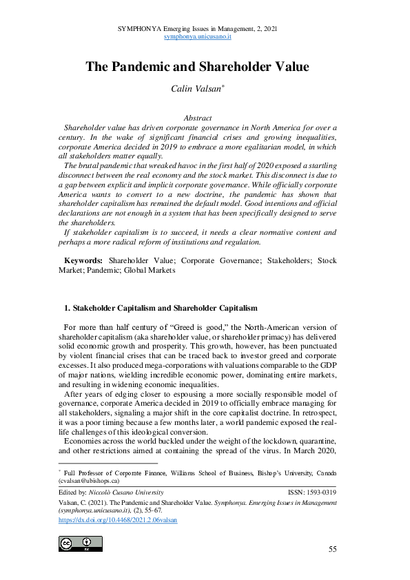 (PDF) The Pandemic and Shareholder Value | Calin Valsan - Academia.edu